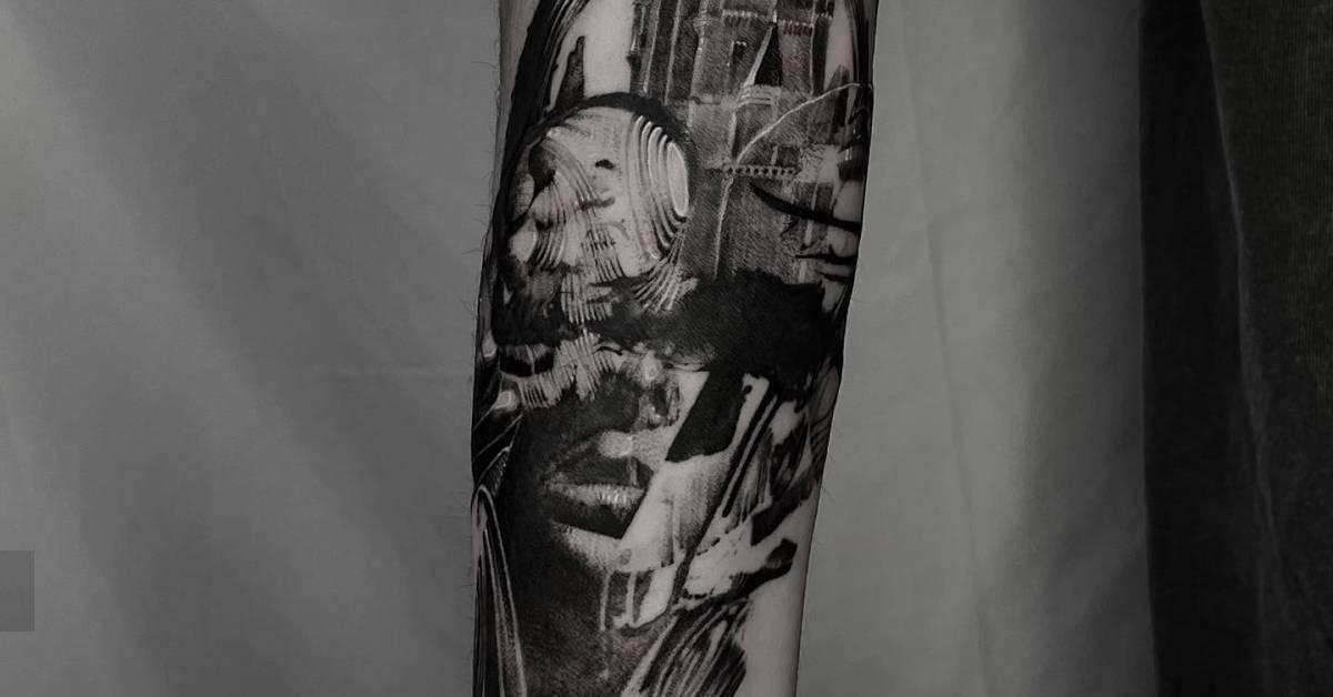 Graphic style forearm composition tattoo.