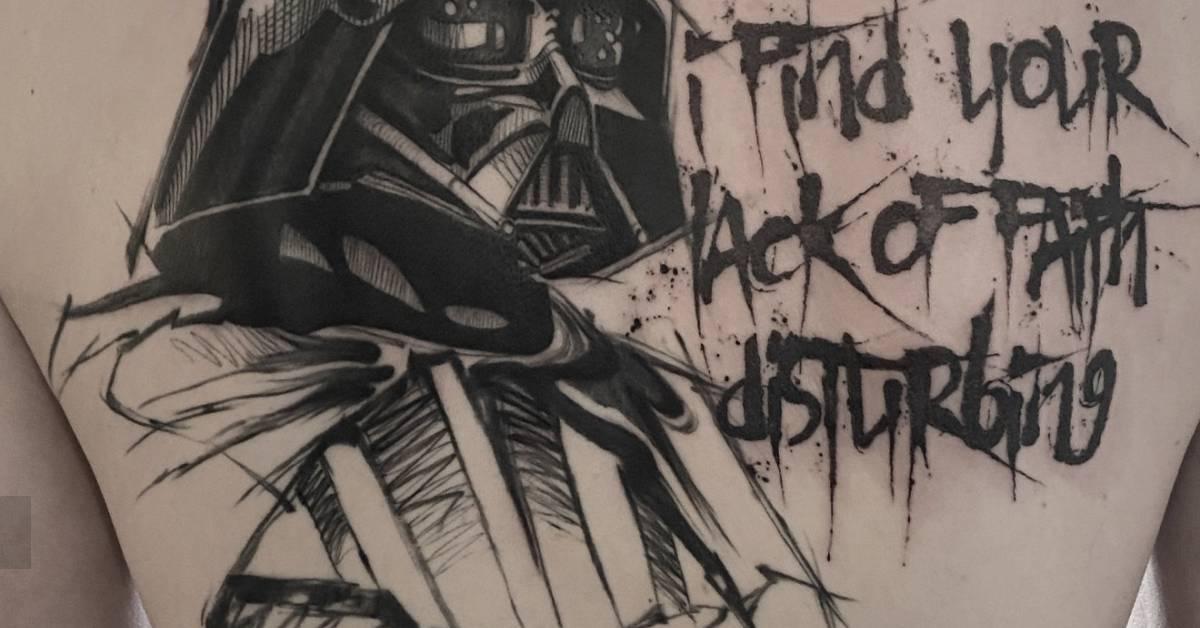 Darth Vader portrait tattoo in sketch work style placed