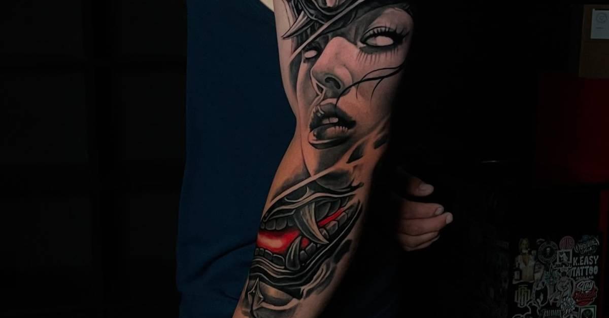 Realistic style geisha and Hannya tattoo located on the