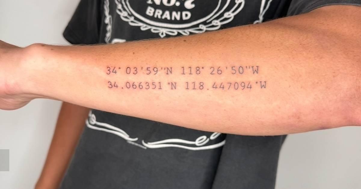 Typewriter font coordinates tattoo located on the