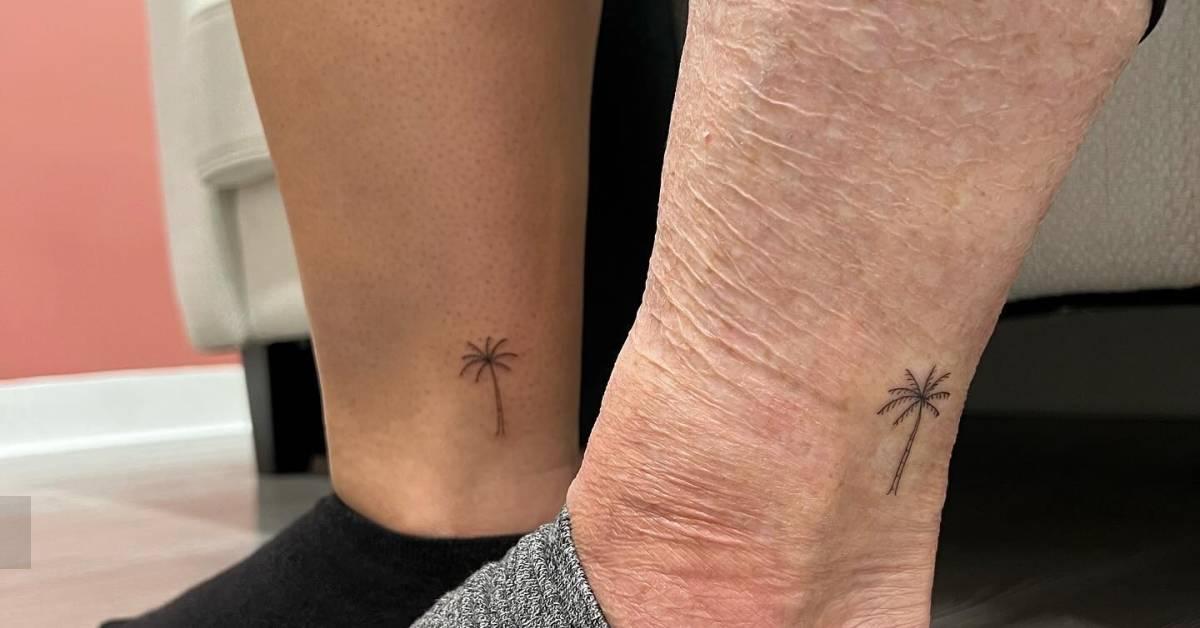 Matching fine line palm tree tattoo for mother and