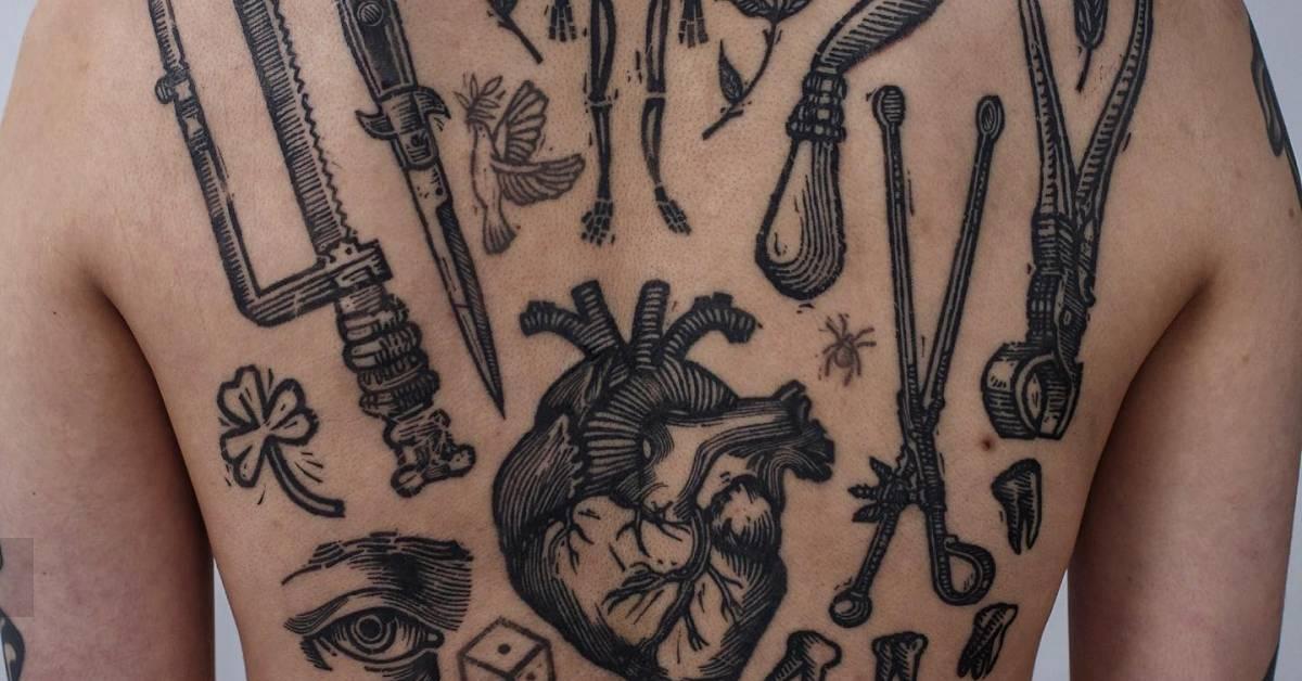 Back composition tattoos in engraving style.