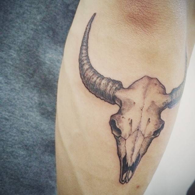 Bull Skull Tattoo On The Right Forearm 