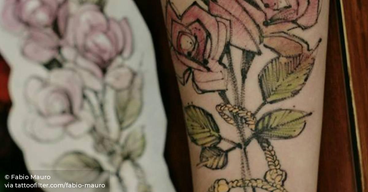 Sketch/watercolor style rose tattoos on the left