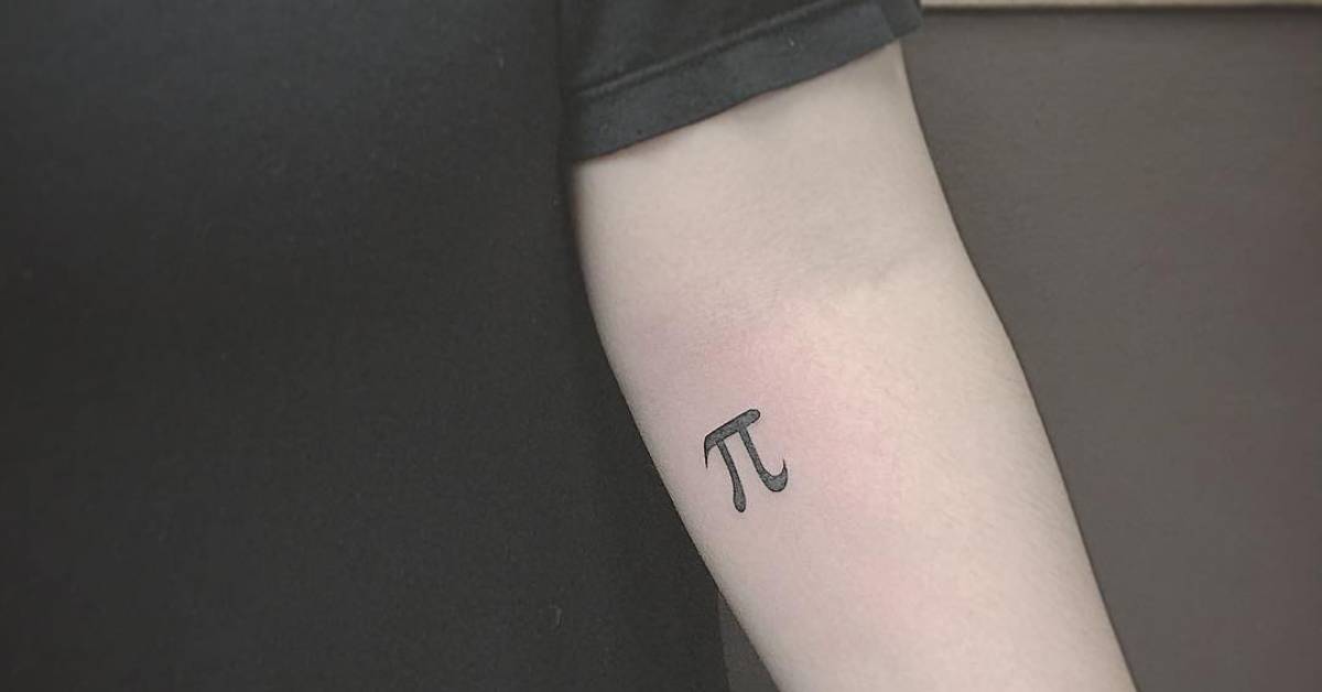 Fine line style Pi tattoo on the left forearm, close to