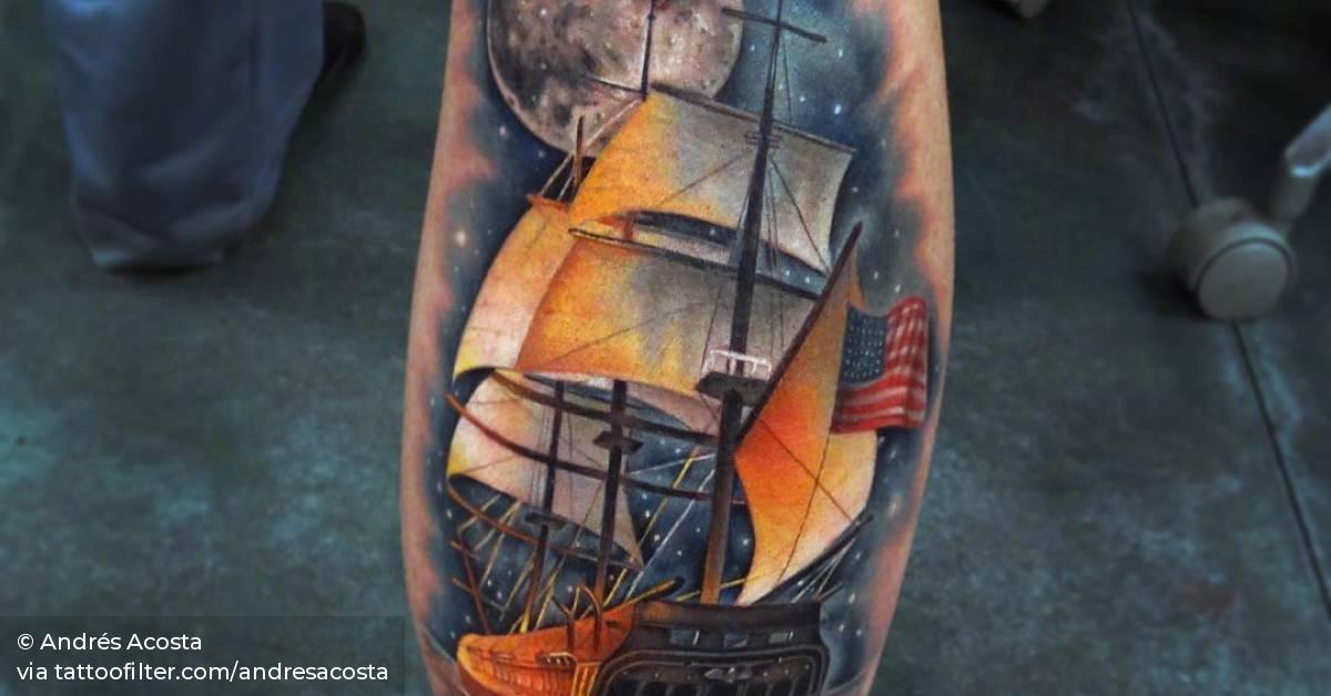 Realistic USS Constitution frigate tattoo on the right
