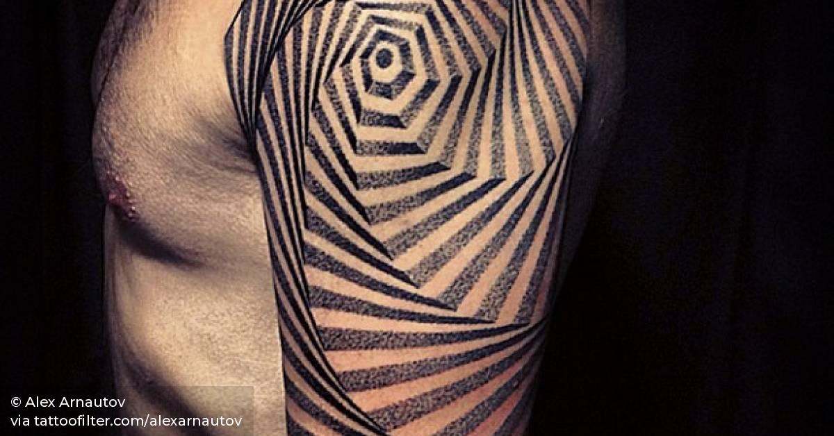 Op Art style tattoo on the left upper arm and shoulder.