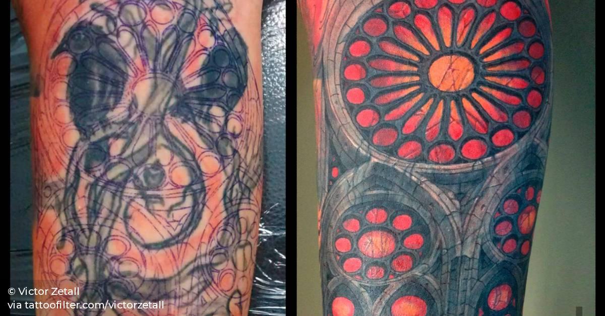 Realistic rose window tattoo cover up on the right