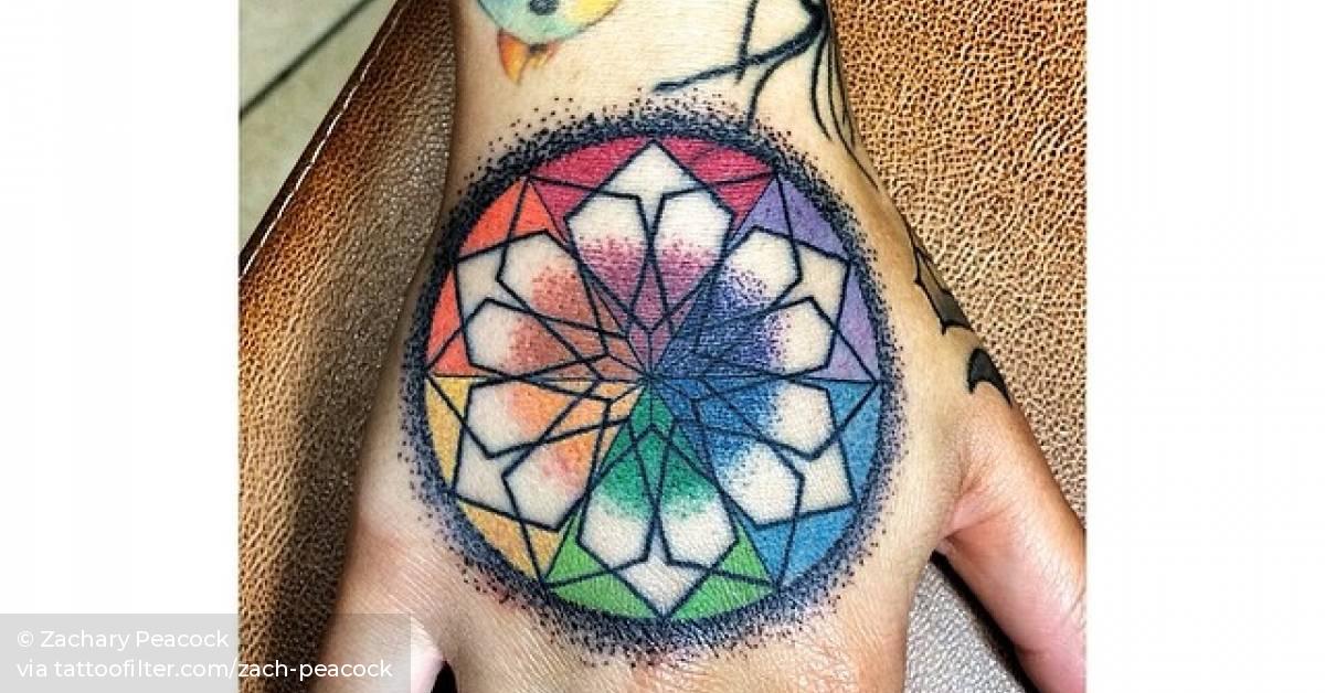 Color gradient mandala tattoo on the right hand.